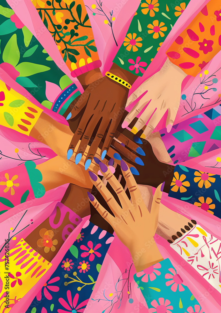 Charity, artwork and illustration of colourful hands together for ...