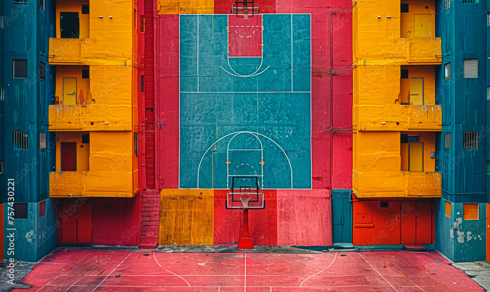 Basketball Court with Blue Floor and Contrasting Yellow and Red ...