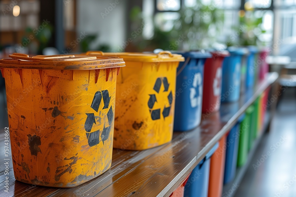 Colorful recycling bins stand in a row promoting environmental sustainability and waste sorting ...