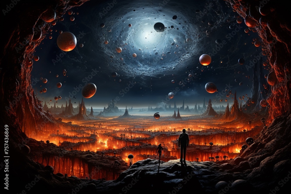 A detailed depiction of scientists exploring the unknown territories of ...