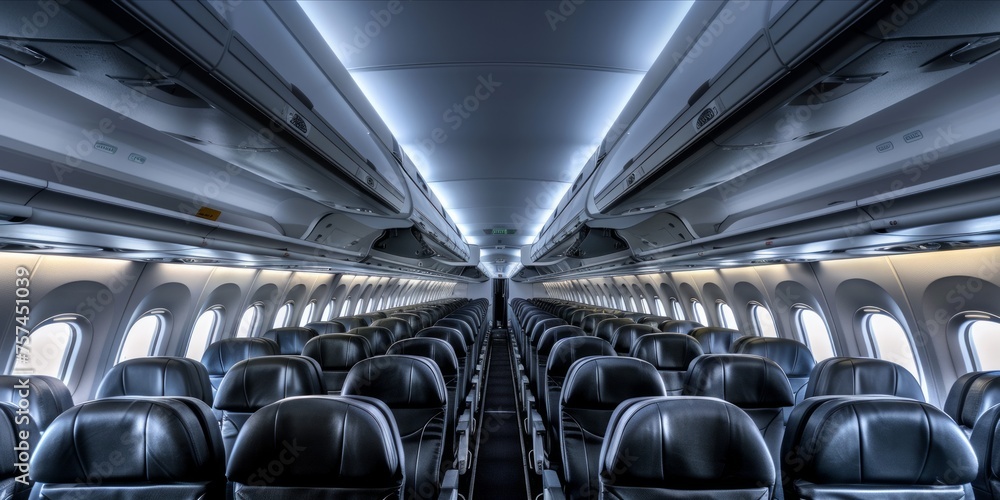 Interior of an empty airplane cabin with rows of seats and overhead ...