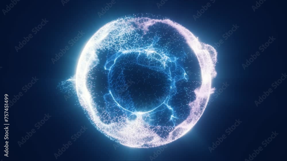 Blue energy sphere, ball of futuristic energy particles round force ...