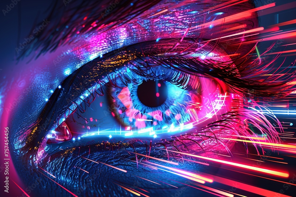 Abstract neon glowing image of a female eye with bright rays of light ...