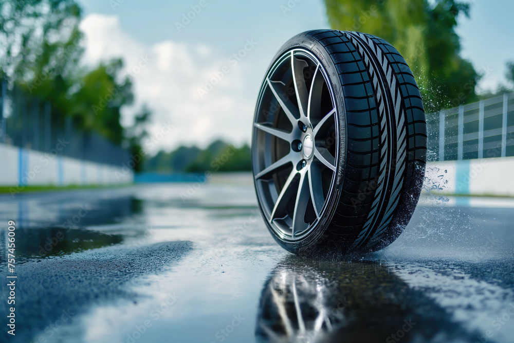 summer tire ad image on alloy wheel rim, tyre on rainy track road ...