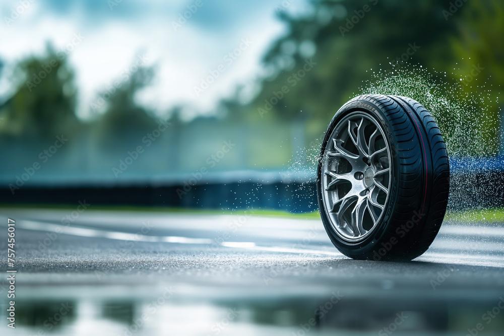 summer tire ad image on alloy wheel rim, tyre in rain water splash on ...