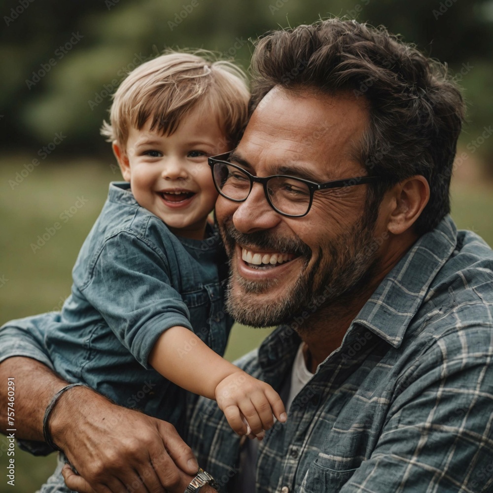 Joyful young man father lying on carpet floor, lifting excited happy ...