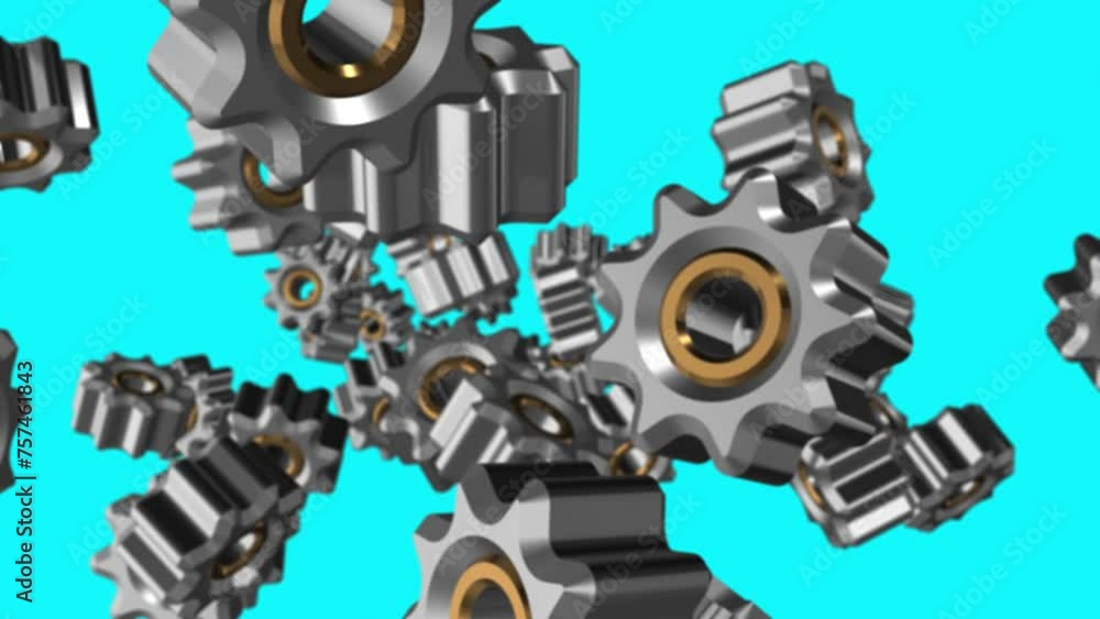 3D levitating iron gears on a blue screen. Flying through the iron ...