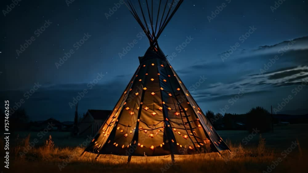 Traditional indian teepee in the field at night with starry sky, Native ...