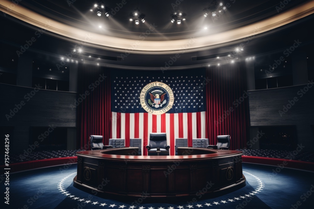 Presidents desk - oval office interior with american flags and official ...