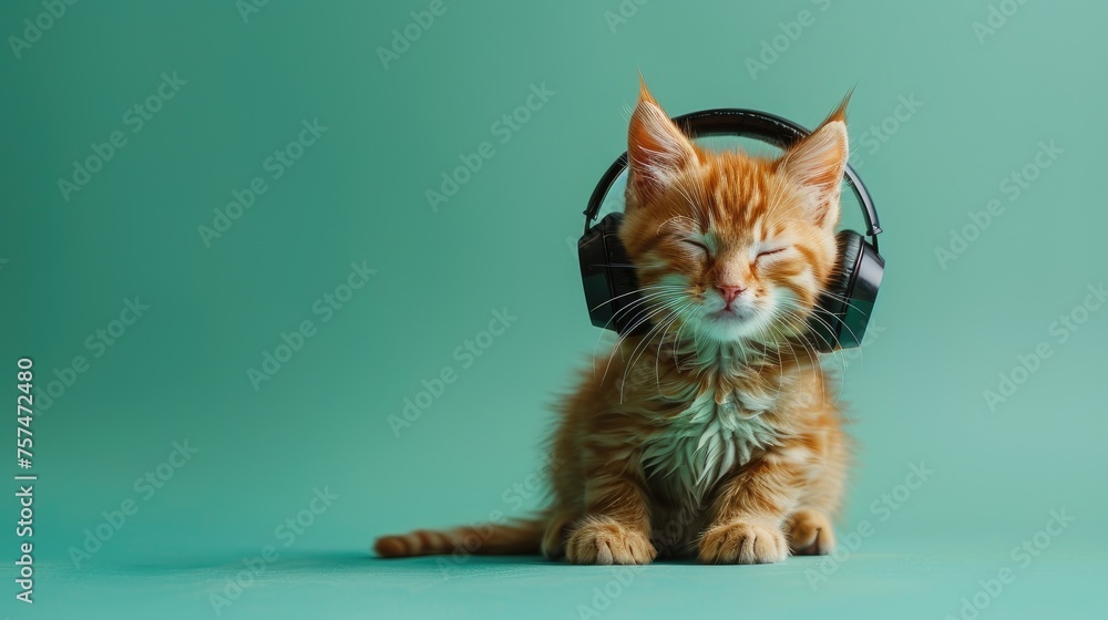 An orange and white kitten, DJing with closed eyes and a smile, wearing ...