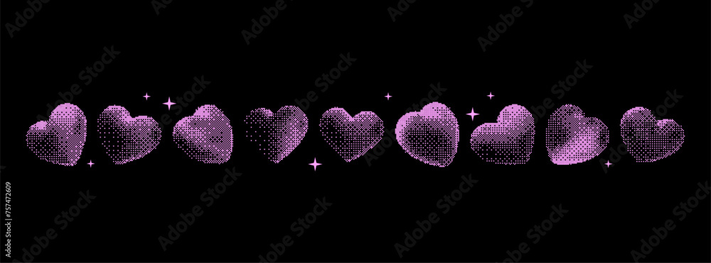 Pixel Y2K Heart Shapes. Set of trendy different bitmap graphic elements ...