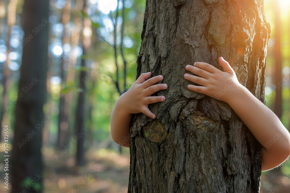 Foto de Net zero and carbon neutral concept. Child hugging a tree in ...
