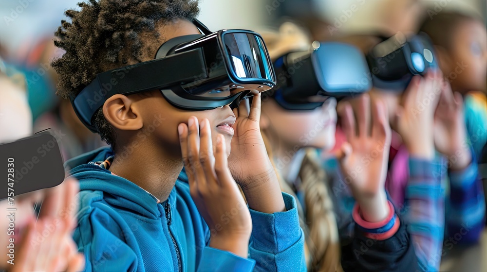 Kids students dive into immersive learning with VR glasses, sparking ...