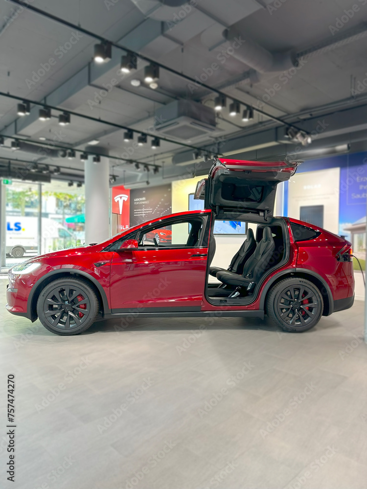 Ultra Red electric vehicle Tesla model X Falcon Wing in Studio ...