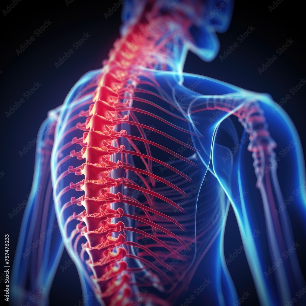 Ilustracja Stock: A man's spine is shown in red and blue. The spine is ...