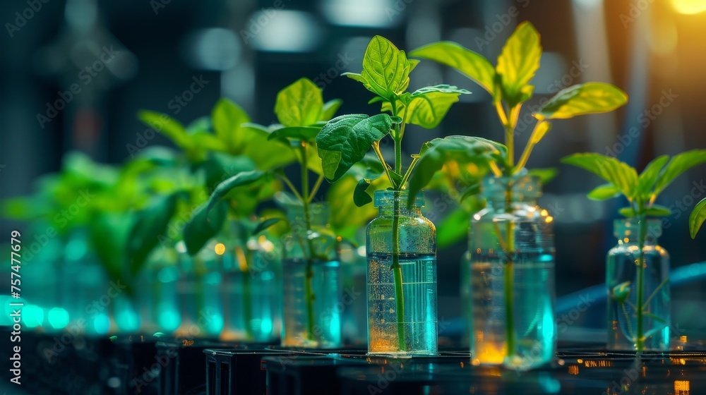 Many green plants in test tubes. Biotechnology, Science of Genetic ...