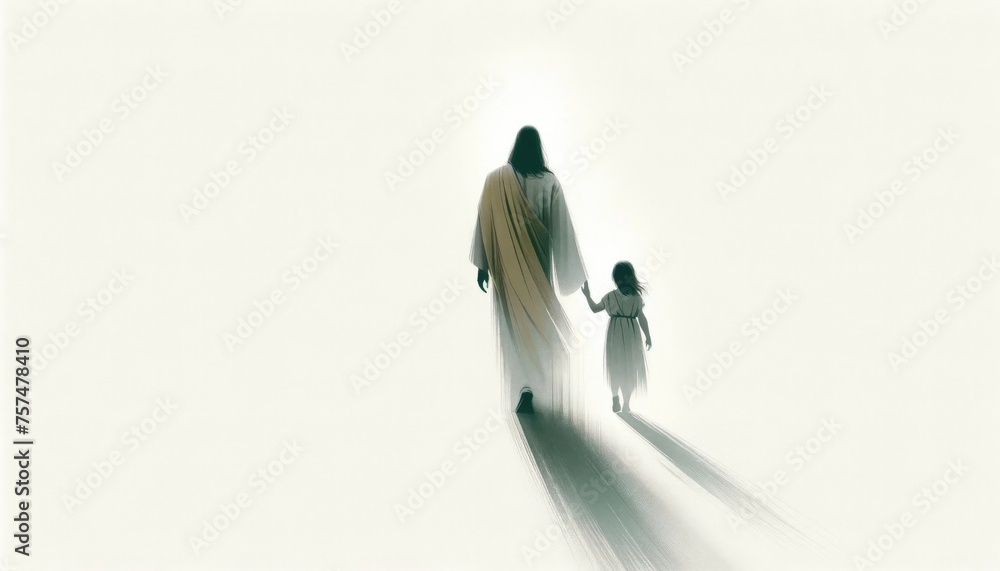 Jesus walking with a little girl on a neutral background. Rear view ...