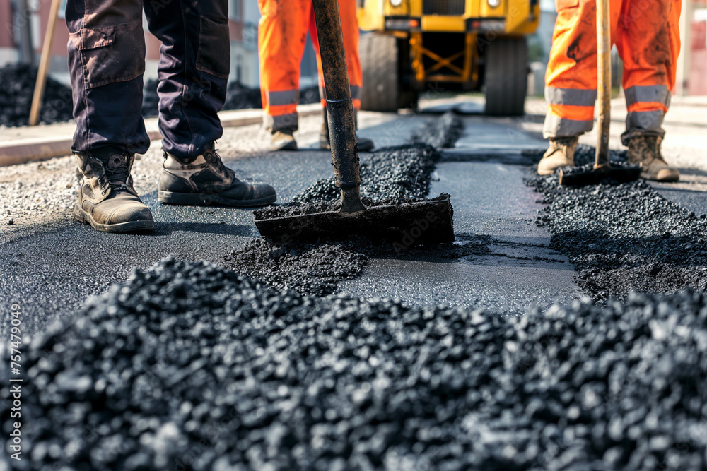 Road construction workers' teamwork, tarmac laying works at a road ...