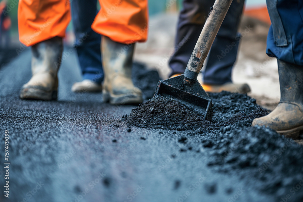 Road construction workers' teamwork, tarmac laying works at a road ...