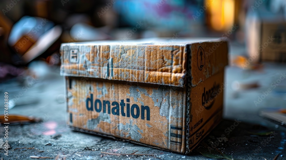 A cardboard box filled with 'donation' text, symbolizing generosity and ...
