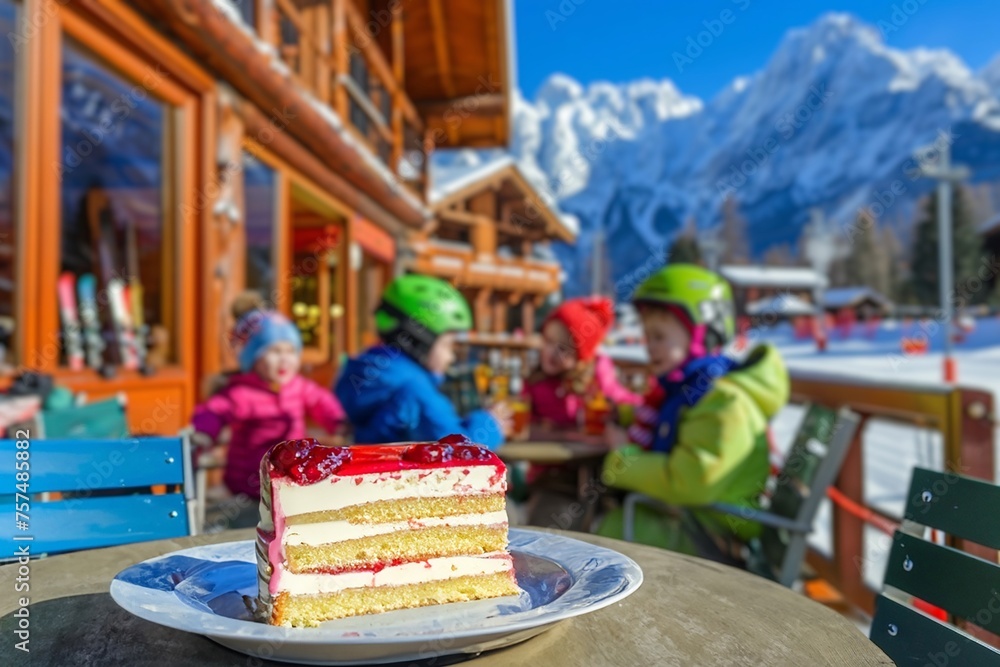 Cake on the terrace of a café restaurant at the foot of the ski slopes ...