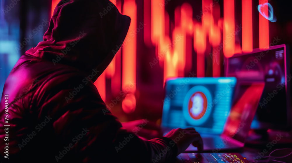 Anonymous hacker in a dark room with glowing screens, engaged in cyber ...