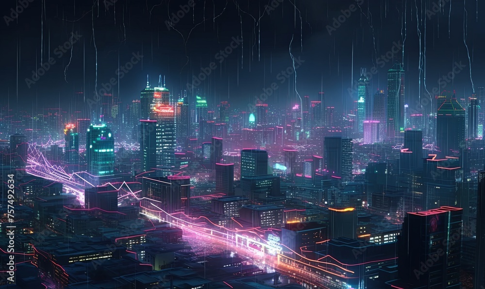 Night neon city in rain background. Rainy 3d dripping cyber metropolis ...