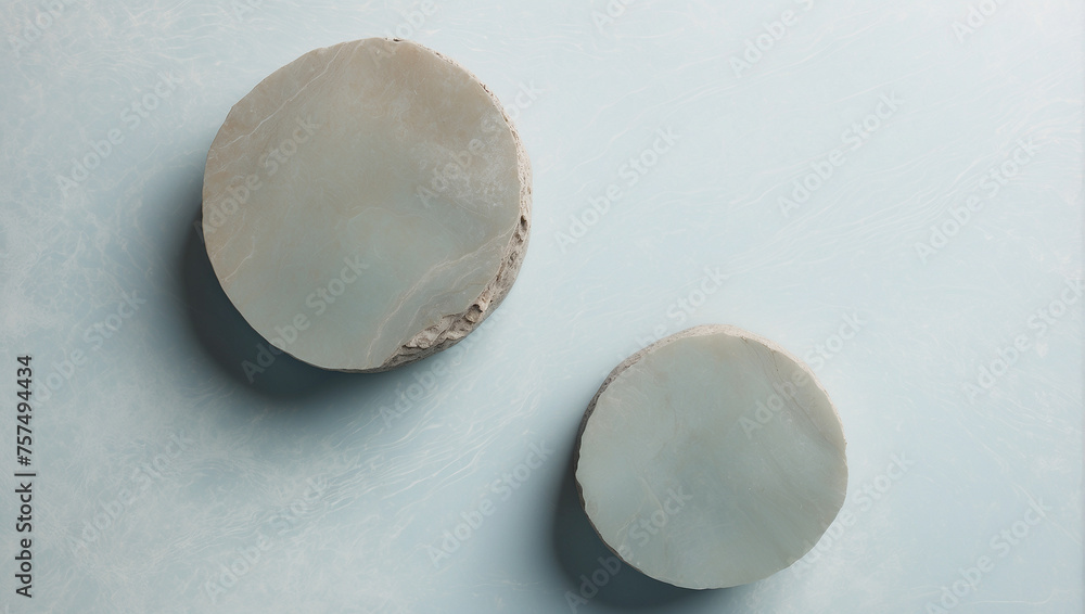 Top view flat lay circle stone podium on transparent clear water ...