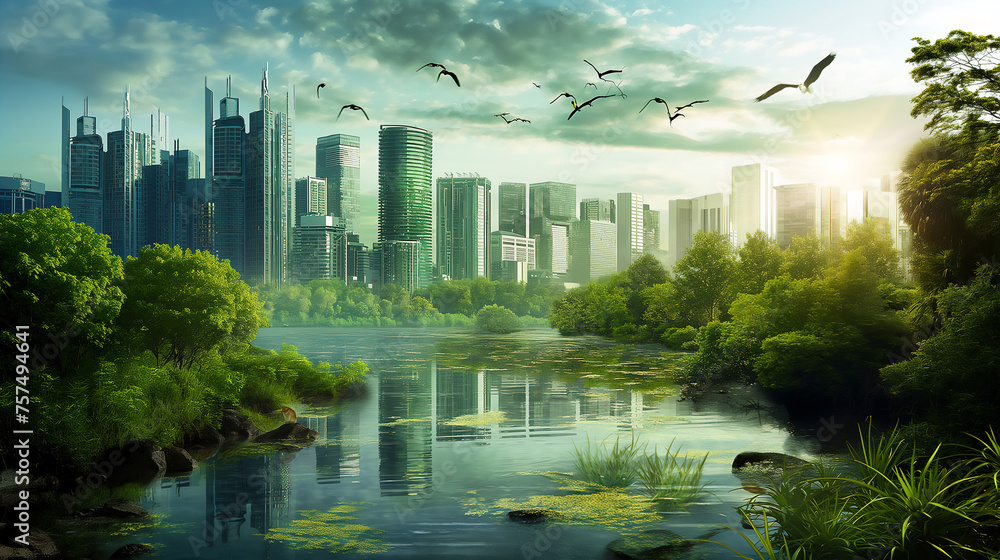 Sustainable city concept with a harmonious skyline and abundant ...