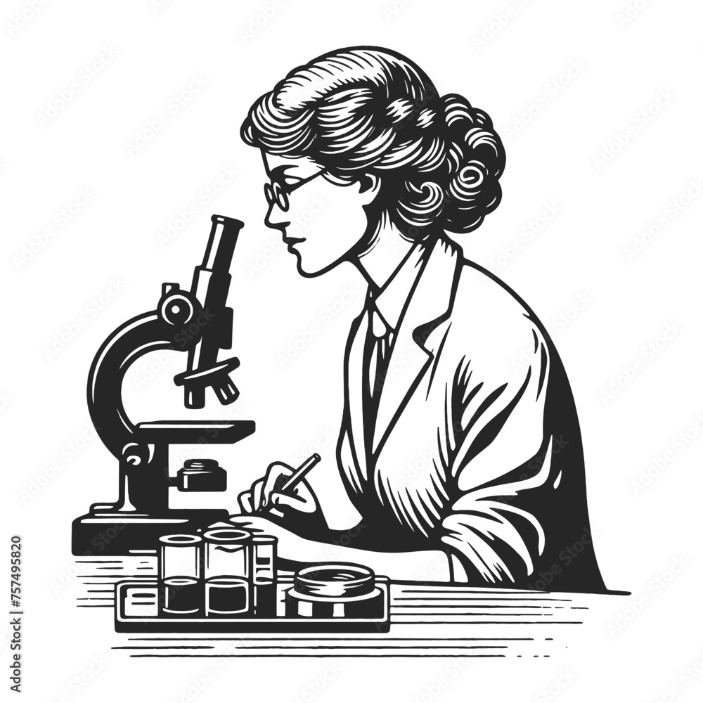 female scientist examining samples with a microscope in a laboratory ...