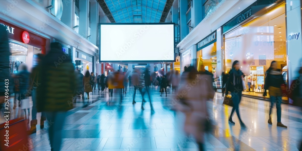 Blank advertisement board in a busy shopping mall with motion blurred ...