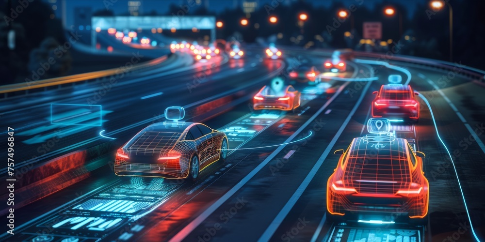 Autonomous cars on a smart road with digital interface and connectivity ...