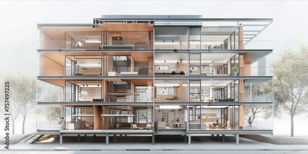 Cross section of a multi story residential building with architectural ...