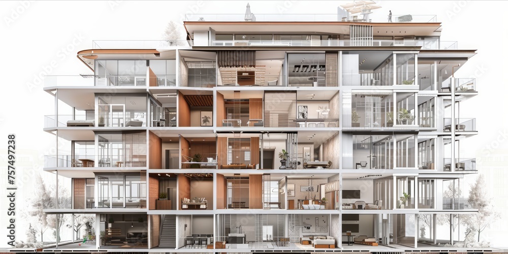 Cross section of a multi story residential building with architectural ...