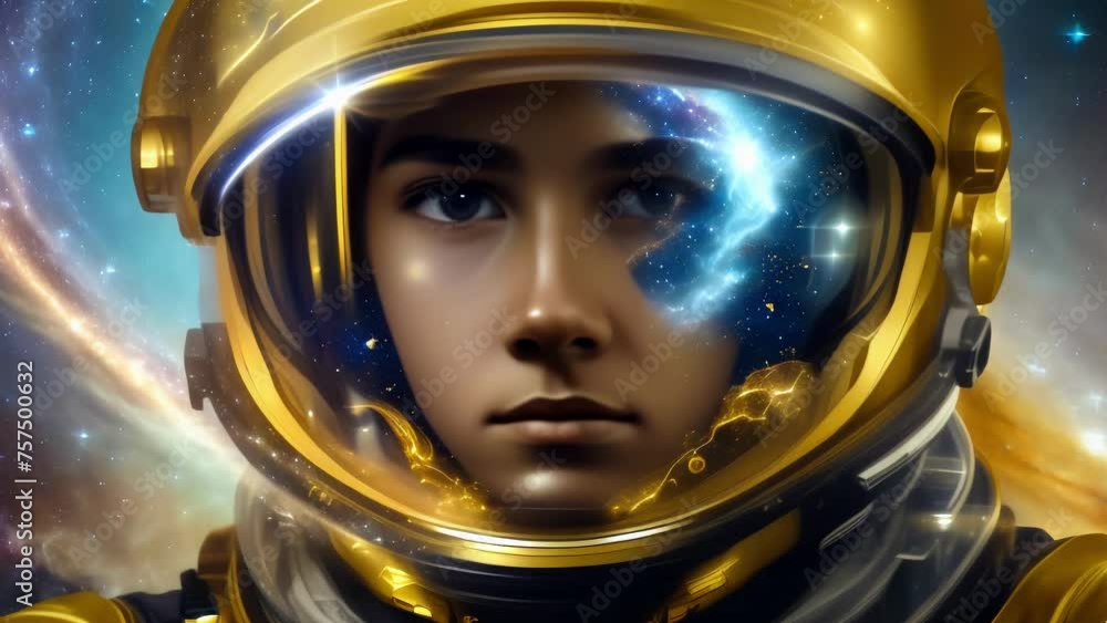 A golden teenage astronaut floats in the abyss of space, surrounded by ...