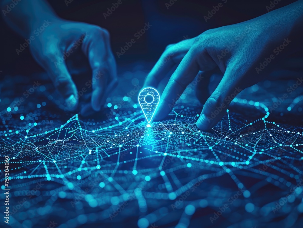 Mapping the future, digital hands set location on map, abstract image of map icon dark blue ...