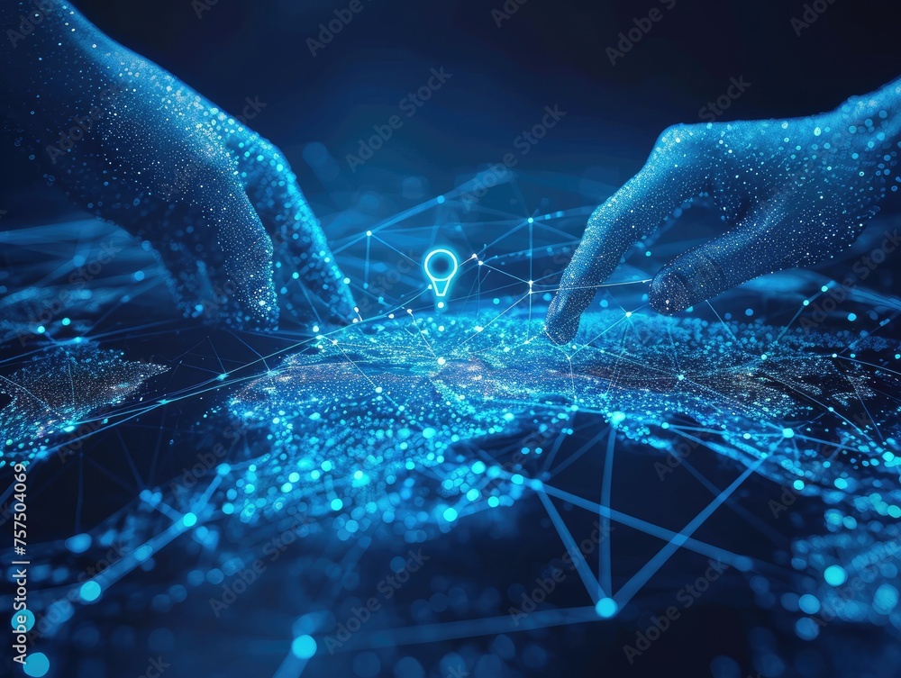 Mapping the future, digital hands set location on map, abstract image ...