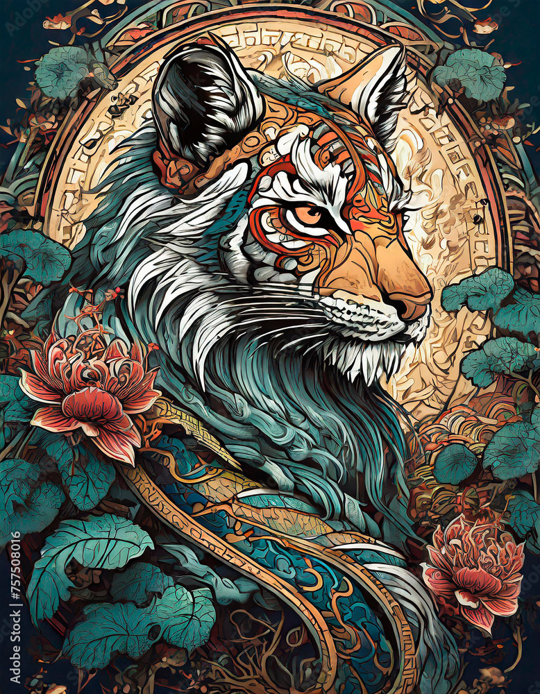 Japanese art style of Various animals with a single appearance. Nature ...