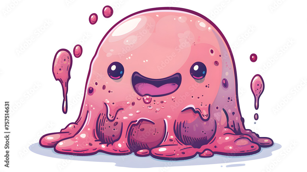 Cartoon of a pink blob monster with droplets and a gooey texture ...