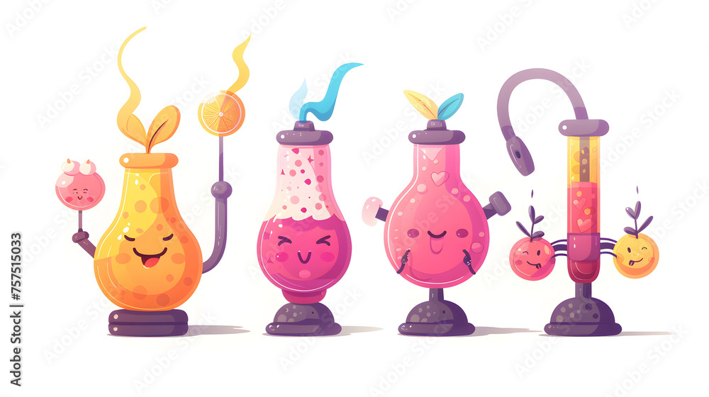 Colorful array of four cartoon potion bottles with varying faces and ...