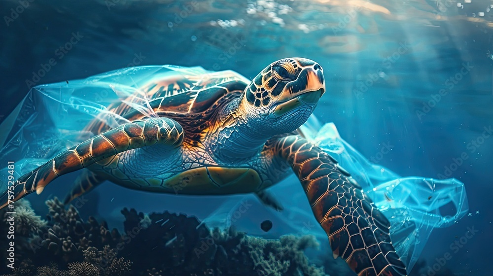 Turtle with plastic bag underwater, say no to single use plastic bag ...