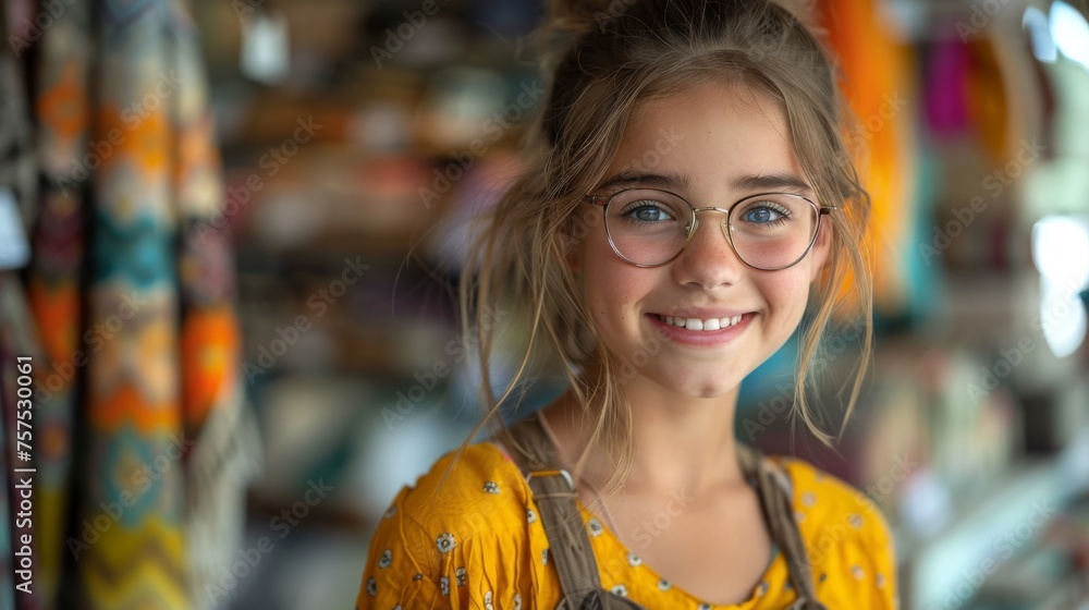 A joyful young woman with an intellectual disability greeting customers ...