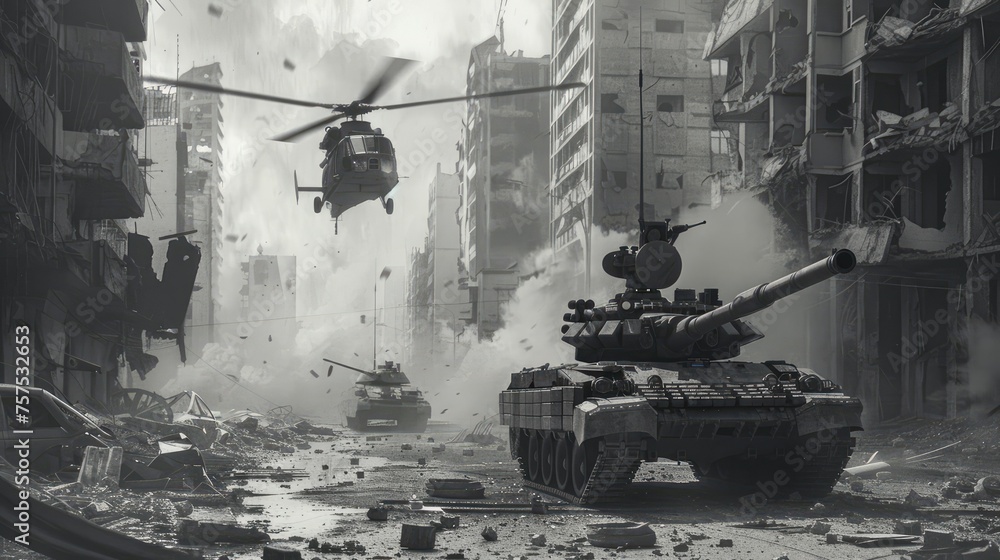 military equipment, including an armored personnel carrier, a tank, and ...