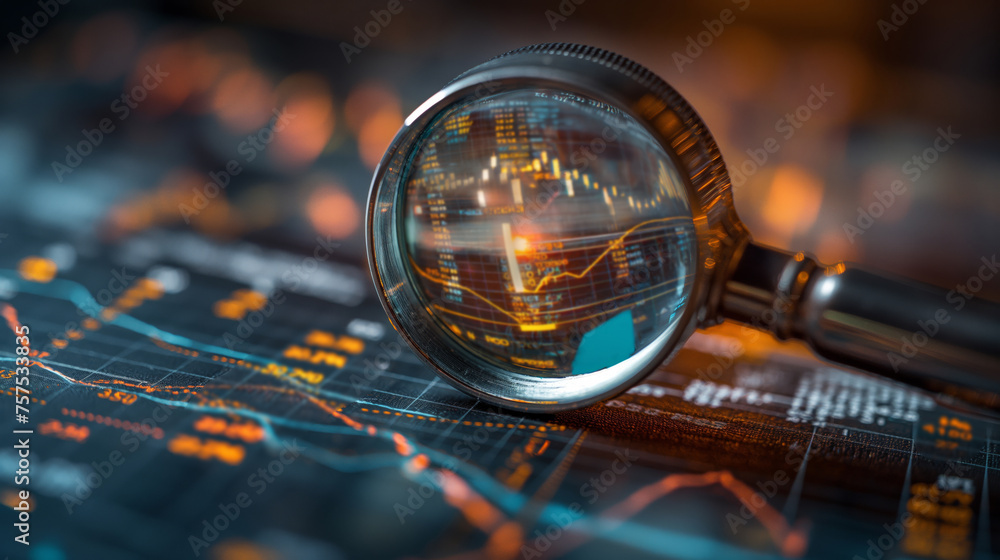 Market Analysis Focus: Magnifying Glass Over Detailed Financial Charts ...
