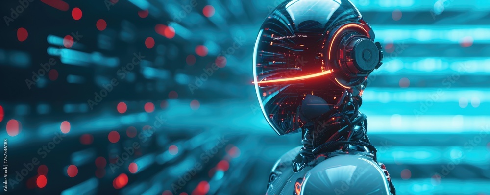 Side view of amazing humanoid head representing future technology and ...