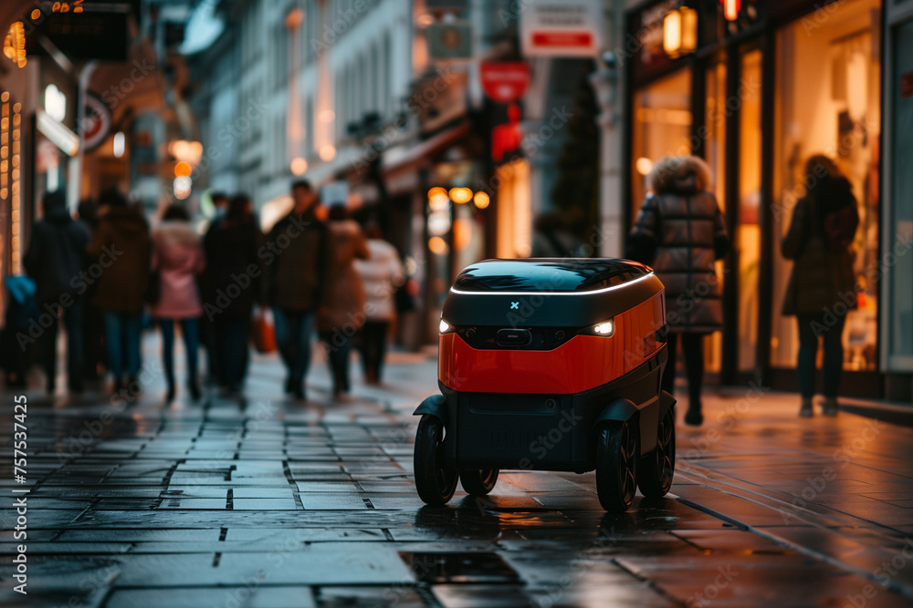 Artificial intelligence delivery red robot service driving in city ...