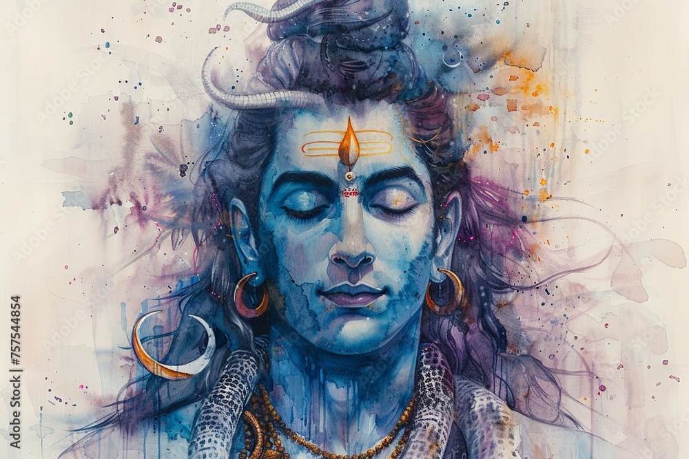 This enchanting watercolor illustration captures Lord Shiva's ...