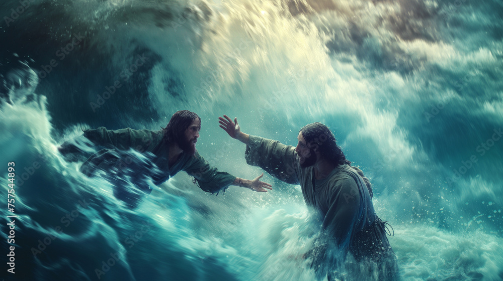 Jesus reaches out to Peter amidst turbulent waves, symbolizing faith ...