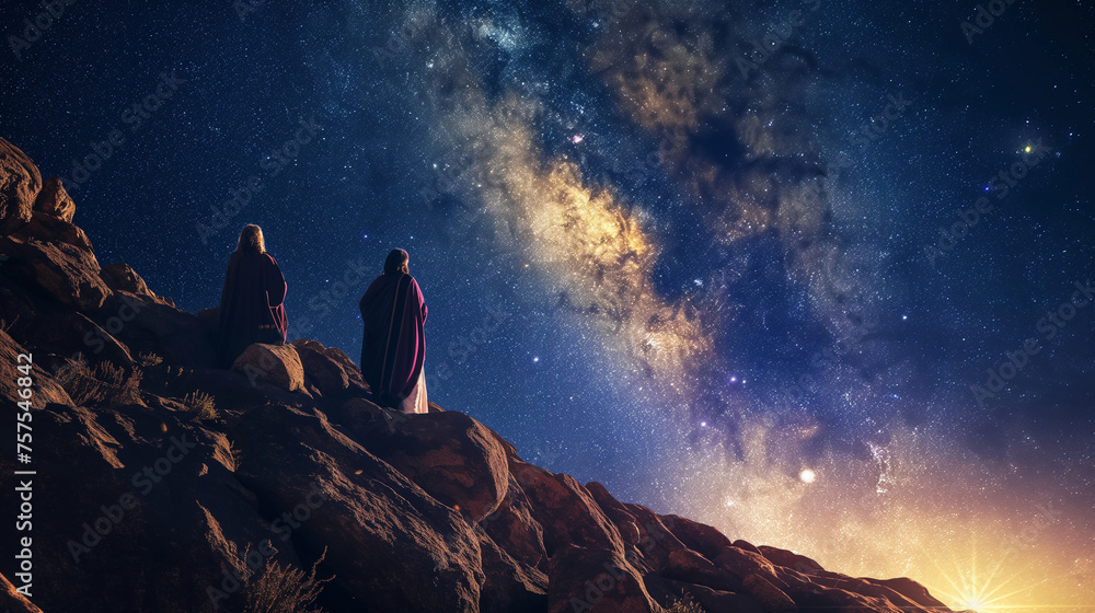 Jesus on the mountaintop with Moses and Elijah, bathed in divine light ...