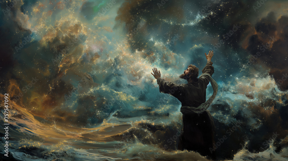 Elijah striking the Jordan River, causing it to part, but depicted as a ...